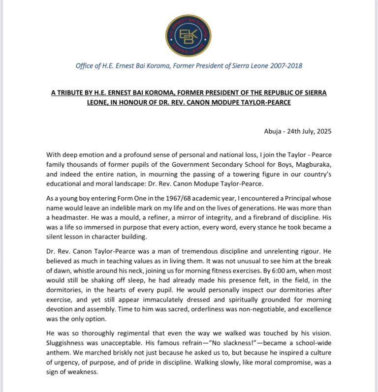 Death of Dr. Modupe Taylor – Pearce : Former President Ernest Koroma ...